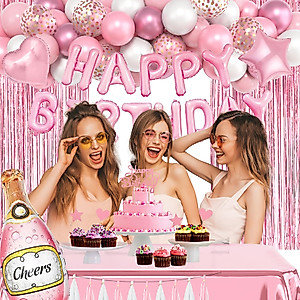 Pink Birthday Party Decorations, Happy Birthday Banner Tablecloth Cake Toppers Fringe Curtain Tassels Pink and White Confetti Foil Balloons for Girls Women Wedding Baby Shower Party Supplies