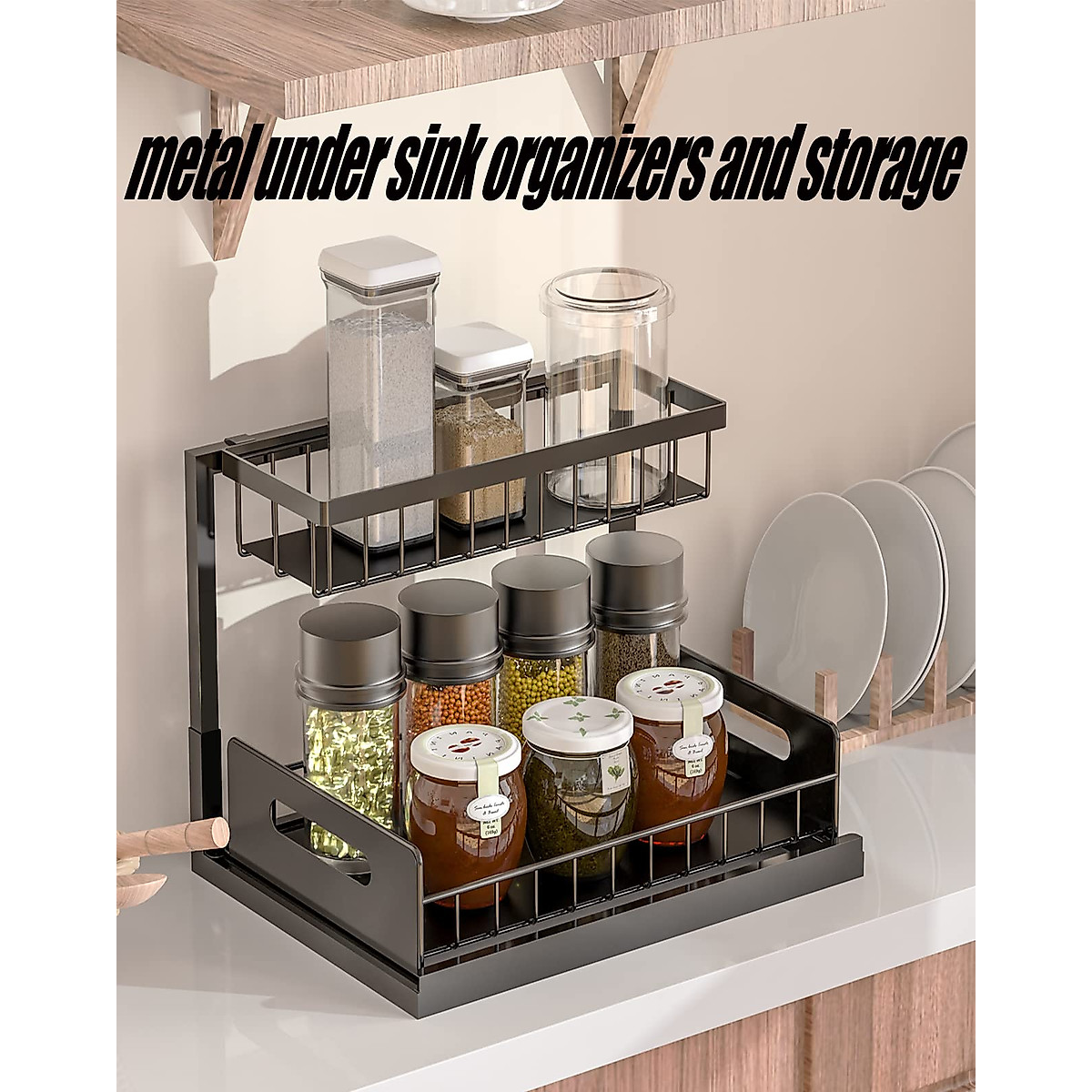KINGPOUL Under Sink Organizers-2-Tier Heavy Duty Metal Slide Out Pull Out Drawers L-Shape Under Cabinet Storage Around Plumbing, for Under Kitchen Bathroom Sink Organizers and Storage(Black)