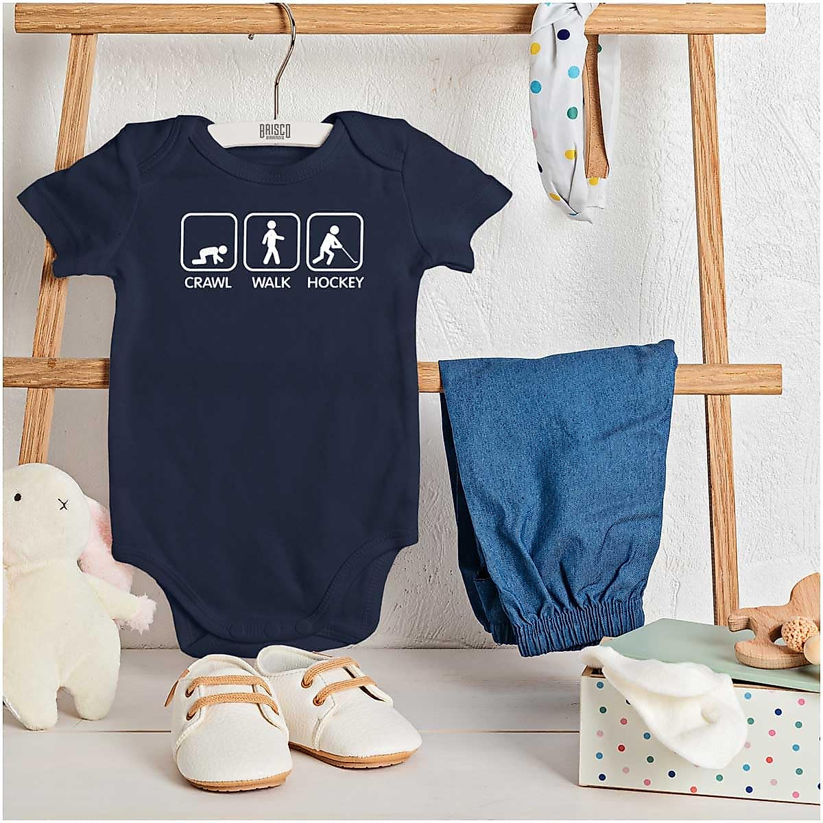 Brisco Brands Crawl Walk Hockey Street Sign Humor Baby Romper Boys or Girls