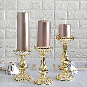 TABLECLOTHSFACTORY Set of 3 Gold Mercury Glass Pillar Candle Holders - 7" | 8.5" | 10"