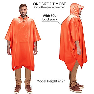 PTEROMY Hooded Rain Poncho for Adult with Pocket, Waterproof Lightweight Unisex Raincoat for Hiking Camping Emergency (Orange)