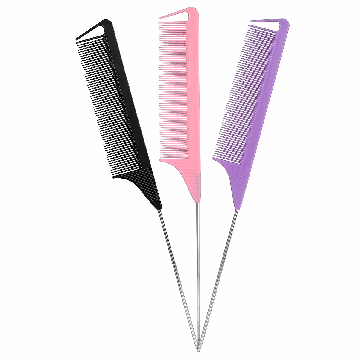 Rat Tail Combs Hair Combs :3Pack Parting Comb,Fine Tooth Comb,Tail Comb,Metal Long Steel Pin Rat Tail Comb,Combs for Women，Professional Hair Salon Quality Styling Combs(Black|Purple|Pink）