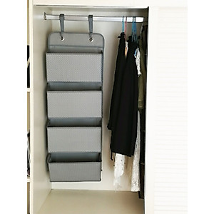 Dreamsy Hanging Closet Organizer, 4-Pockets Wall Mount/Over Door Storage for Toys, Purses, Keys, Sunglasses - Grey