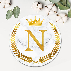100 Pieces Round Stickers 1.5 Inch,Gold Crown Wreath Monogram Letter Initial N Label Stickers for Holiday Card Envelopes Seals Boxes Decorative Stickers for Wedding Birthday Party Supplies Gift
