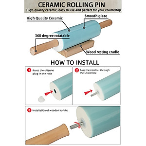 Ceramic Rolling Pin,16 inch with Wooden Handle and Stand, Rolling Pin for Baking Pastry, Pizza, Dough, Cookie, Pie Crust, Pasta, Bakery, Non-Stick Surface, Easy to Clean (Turquoise)