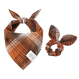 E-Clover Fall Dog Bandana & Matching Scrunchie-Christmas Dog Bandana Triangle Plaid Pet Scarf Bib for Medium Large Dogs Girl Boy Owner Gift