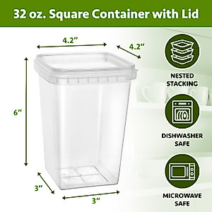 32-oz. Square Clear Deli Containers with Lids | Stackable, Tamper-Proof BPA-Free Food Storage Containers | Recyclable Space Saver Airtight Container for Kitchen Storage, Meal Prep, Take Out | 20 Pack