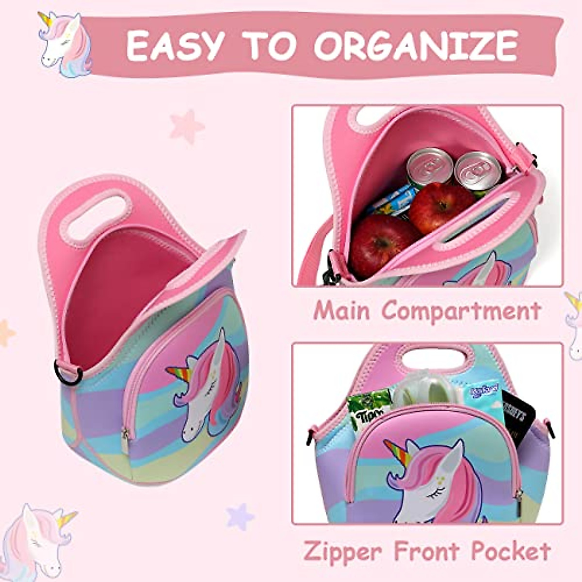 Unicorn Lunch Bag for Girls, Chasechic Insulated Kids Lunch Box Lightweight Neoprene Tote Bag for Teens with Detachable Adjustable Shoulder Strap for Back to School
