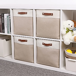 Temary Cube Storage Bins 13x13 Fabric Storage Cubes Baskets Set Of 4 Cloth Baskets for Shelf, Large Basket Empty Baskets for Organizing, Baskets Cube Basket for Storage (White&Khaki)