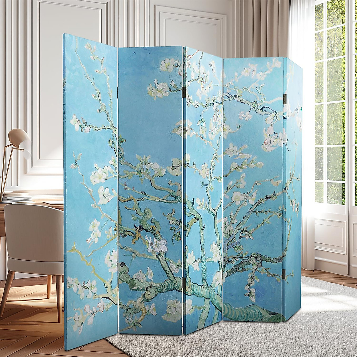 ARSTRIA 5-Panel Folding Room Divider Privacy Screen Van Gogh's Almond Blossoms Painting Canvas Foldable Portable Room Separating Divider Room Partition Freestanding Home Decor 71'' High