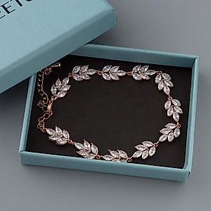 SWEETV Rose Gold Bracelet Wedding Bridal for Brides,Bridesmaid-Crystal Cubic Zirconia Bracelet Leaf Vine Vintage Style