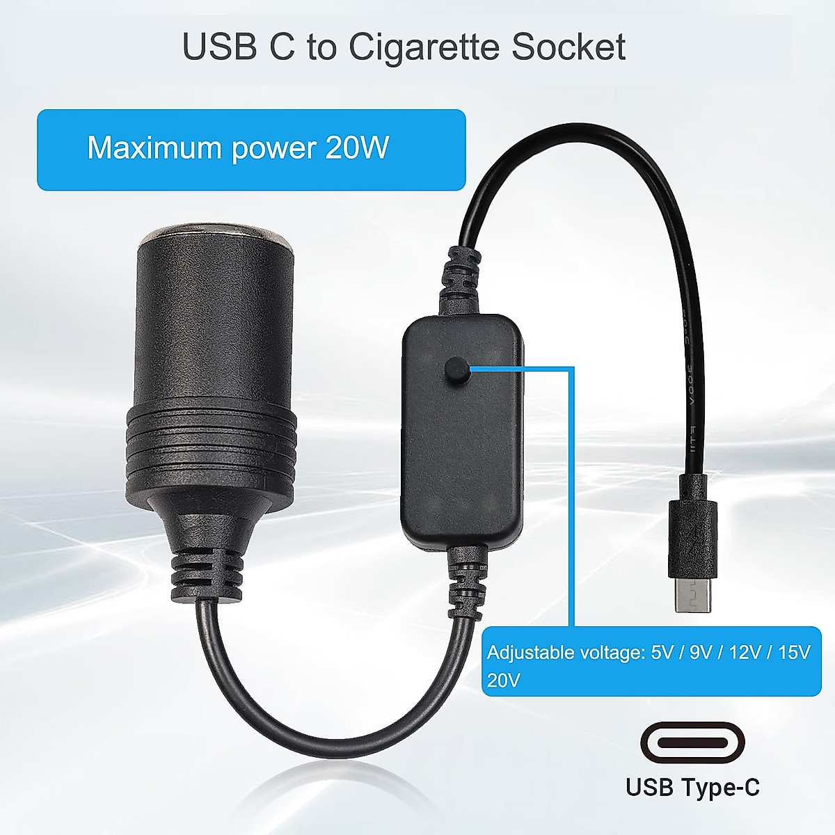 SUTNSCW USB C Male to 12V Adapter, USB to Car Cigarette Lighter Socket Converter Cable (2-Pack)