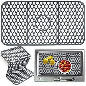 Sink Protectors for Kitchen Sink, Kitchen Sink Mats Grid Accessory 26''×13.7'', Non-slip Silicone Sink Mats,Grey Kitchen Sink Mat with Center Drain for Farmhouse Stainless Steel Ceramic Sink