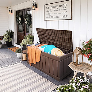 GUNJI 83 Gallon Storage Box Outdoor Waterproof Large Resin Deck Box Patio Storage Bench Lockable Storage Container for Outdoor Cushions, Garden Tools and Pool Supplies (Brown)