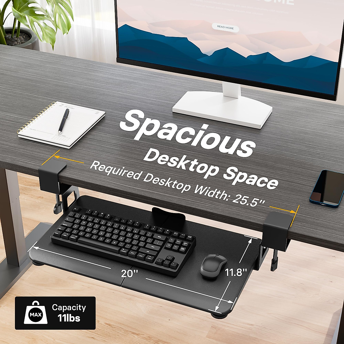 BONTEC Keyboard Tray Under Desk, Pull Out Keyboard & Mouse Tray with C Clamp, 25.6“(30” Including Clamps) x 11.8“ Steady Slide-Out Computer Drawer for Typing, Perfect for Home or Office