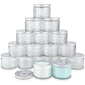 Art Secret 4oz Sun Moon Stars Embossed Glass Candle Container with Lid and Labels (Pack of 18, Clear)