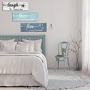 Creoate Blue Wall Art 3 Pieces Live Love Laugh Sign Family Wall Decor, Inspirational Rustic Wood Home Sign Wall Hanging Decorative for Living Room Bedroom, Small