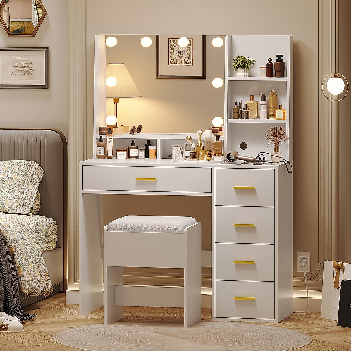 VIAGDO Makeup Vanity Set with Mirror and Lights, Vanity Desk with Charging Station & Cushioned Stool, White Bedroom Vanity Table with Drawers, Jewelry Box, Open Storage Shelves