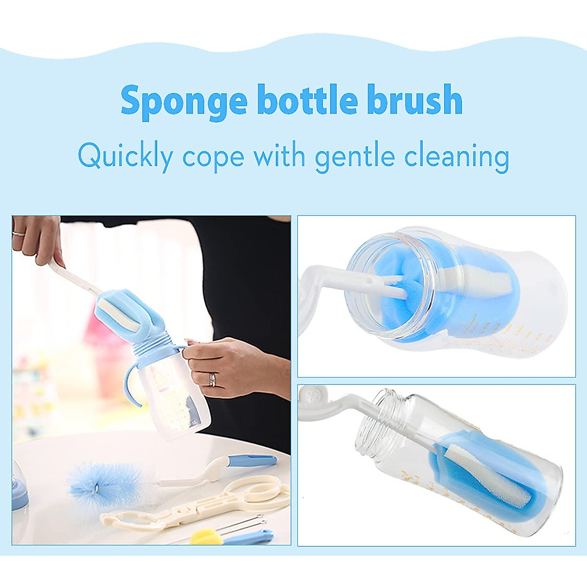 Baby Bottle Brush Set, Baby Bottle Cleaner, Harbiss Rotary Baby Bottle Cleaning Brush with Nipple Cleaner and Straw Cleaner Brush and Additional Sponge Brush kit, No soapy Water Splashing, Blue