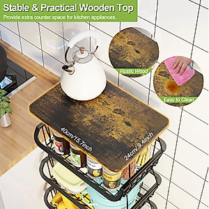 4 Tier Fruit Basket for Kitchen - Stackable Fruit and Vegetable Storage Cart with Wooden Top Rolling Wheels Metal Wire Basket Organizer for Onions Potatoes Storage Utility Rack Bins for Kitchen Pantry