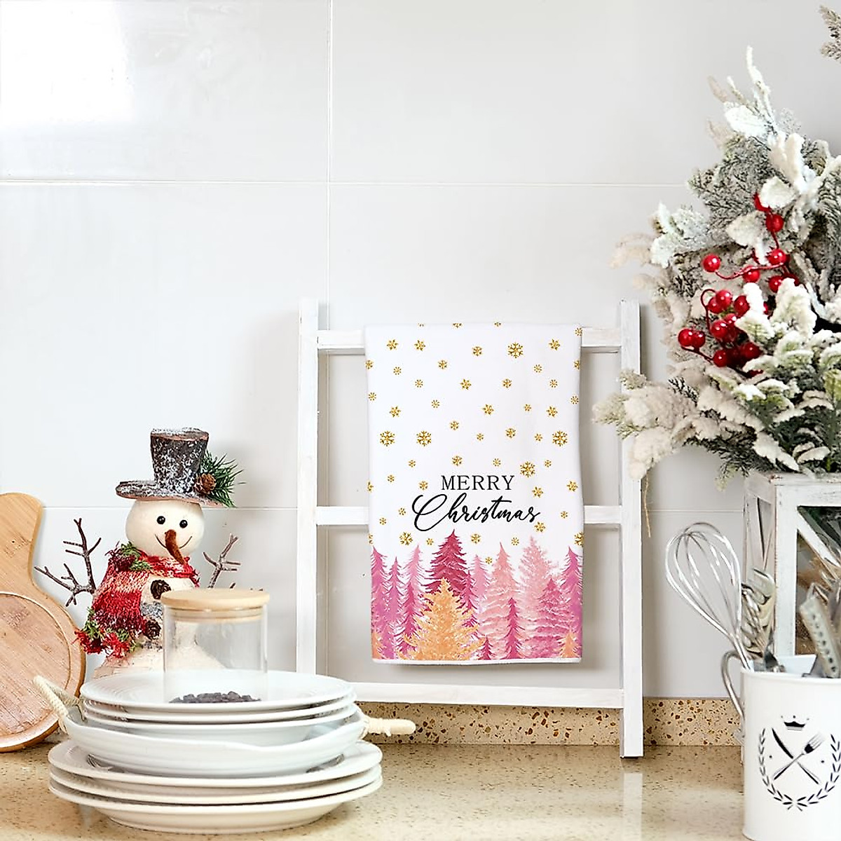 ARKENY Christmas Kitchen Towels Set of 2,Pink Xmas Tree Merry Christmas Dish Towels 18x26 Inch,Hoilday Farmhouse Home Decoration AD105