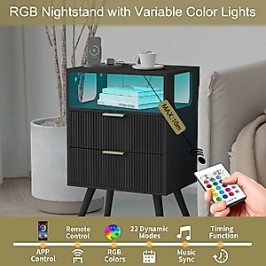 JOONEE Black Nightstand with Charging Station and LED Lights,Modern Bedside Table with 2 Storage Drawer and Open Wood Shelf, for Bedroom and Small Spaces,Night Stand with Solid Wood Legs,Black
