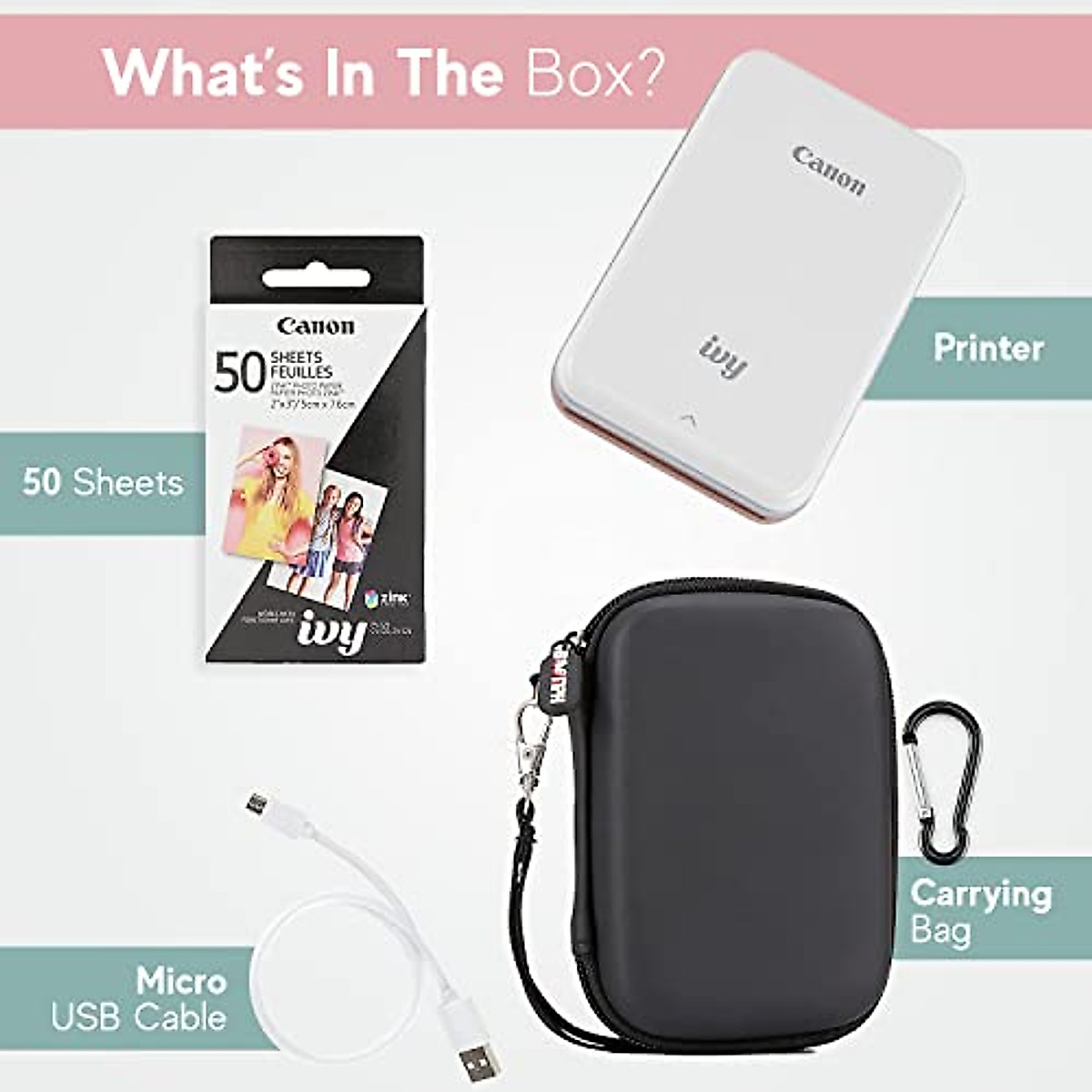 Canon IVY Mini Printer + 60 Sheets of ZINK Photo Paper Sticker (Incl 10 Bonus), Bluetooth Portable Mobile Pocket Compact Printer for Instant Print from Your Smartphone + Hard Carrying Case - Rose Gold