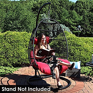 Sunnydaze Julia Hanging Egg Chair with Seat Cushions - Decorative Comfy Bohemian-Style Collapsible Chair - Black Polyethylene Wicker Rattan Frame with Red Polyester Cushions - 44 Inches Tall