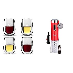 Ozeri Nouveaux II Electric Wine Opener (Red) and Double-wall Insulated Wine Glasses Set