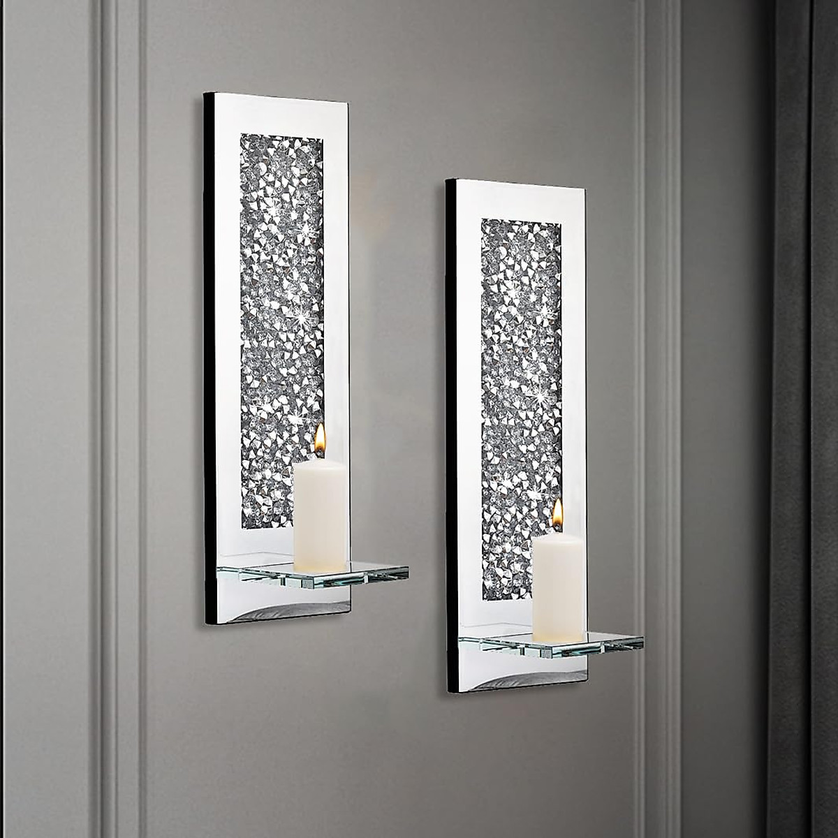 Pibeyer Crystal Crush Diamond Wall Candle Holder Set of 2, Rectangle Silver Mirrored Candle Sconces, Home Wall Decoration for Living Room,Dining Room & Bedroom