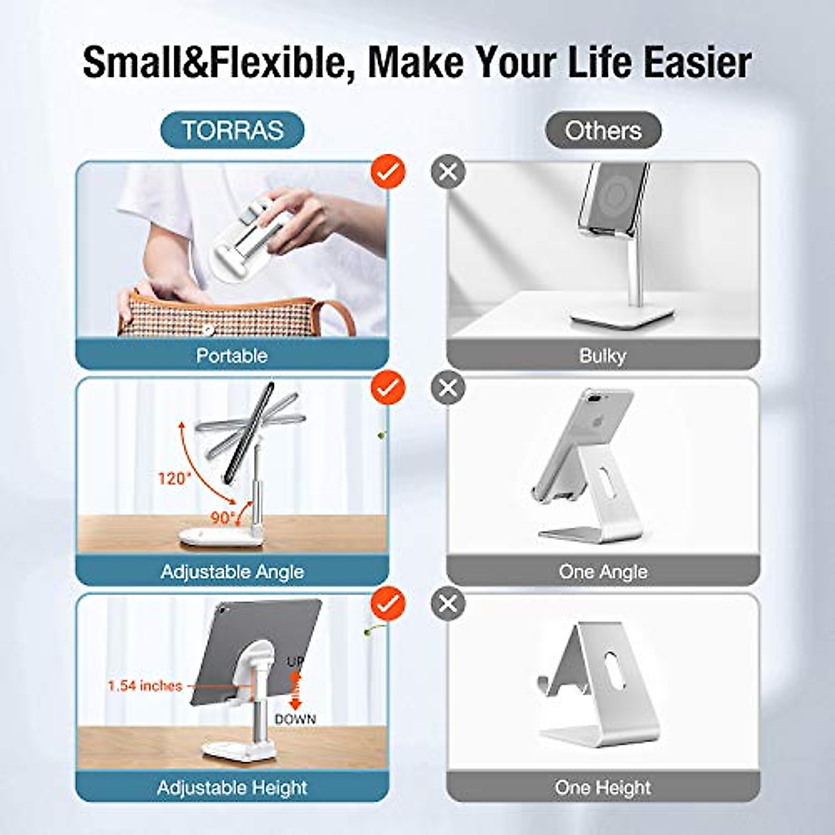 TORRAS Foldable Cell Phone Stand for Desk [Ultra-Portable] Adjustable Desktop Phone Holder Thick Case Friendly Phone Dock Compatible for iPhone 13 12 11 Pro Max, Samsung Galaxy S21+Ultra Note 20 & All