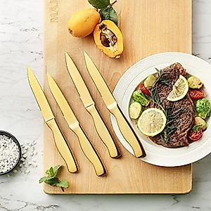 Knife Set-Marco Almond® MA21 Luxury Golden Kitchen Knife Set, Titanium Coated 14 Pieces Stainless Steel Hollow Handle Gold Kitchen Knife Set with Block by White Wash Finish Wood