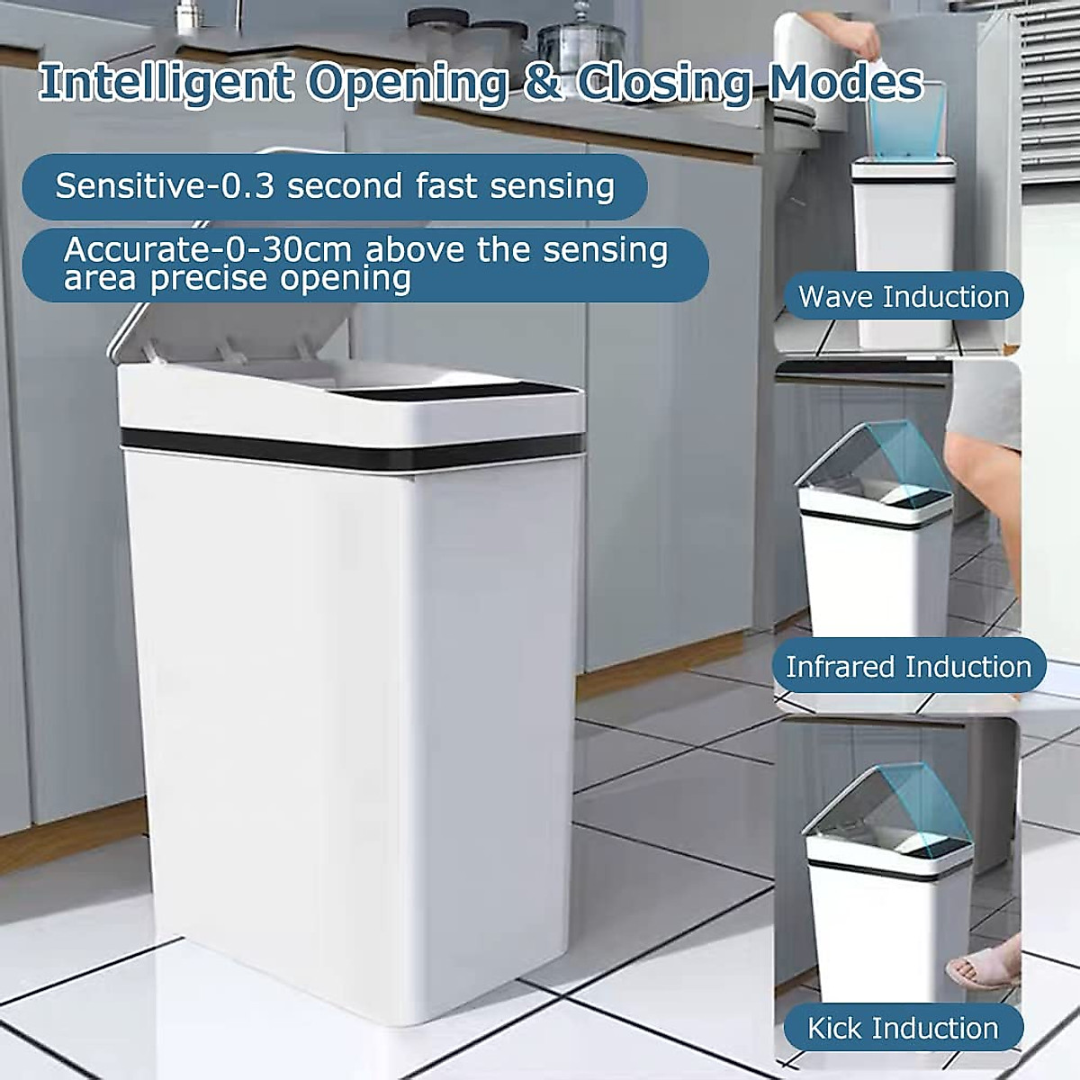 KEETRILAI 10L Waterproof Touchless Trash Can Plastic Automatic Garbage Can Slim Narrow Smart Trash Can for Bathroom Bedroom Kitchen Office Living Room（White）