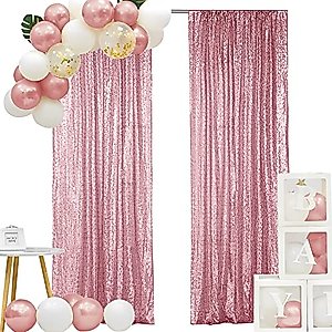 Hahuho Rose Pink Sequin Backdrop Curtain, 2PCS 2FTx8FT Glitter Backdrop Curtain for Parties, Christmas, Wedding, Banquet Decoration（2 Panels, 2FT x 8FT, Rose Pink）