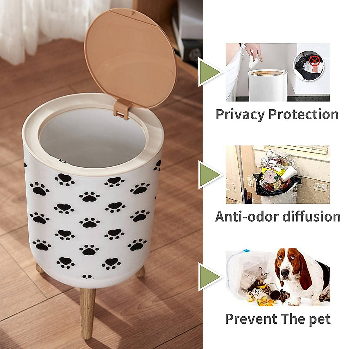 LGCZNWDFHTZ Small Trash Can with Lid for Bathroom Kitchen Office Diaper Animal Footprint Seamless Bedroom Garbage Trash Bin Dog Proof Waste Basket Cute Decorative