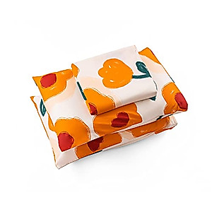 YuHeGuoJi Orange Floral Duvet Cover Queen Size 100% Cotton Botanical Flower Duvet Cover 3 Pcs Set 1 Cartoon Plant Patterned Duvet Cover with Zipper Ties 2 Pillowcases Cute Red Flower Bedding Set