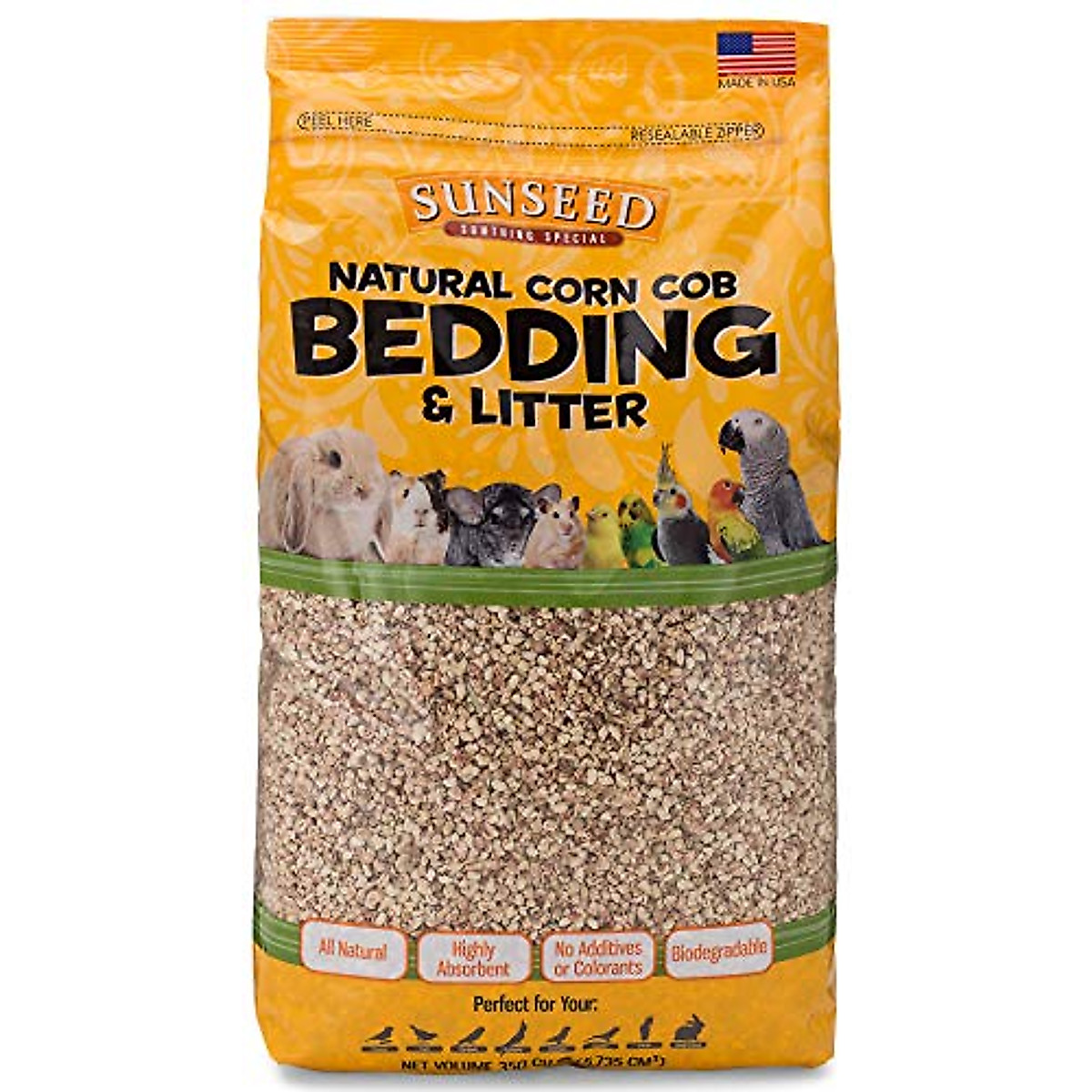 Sunseed Natural Corn Cob Bedding & Litter for Pet Birds and Small Animals – Made in USA – 350 Cubic Inches