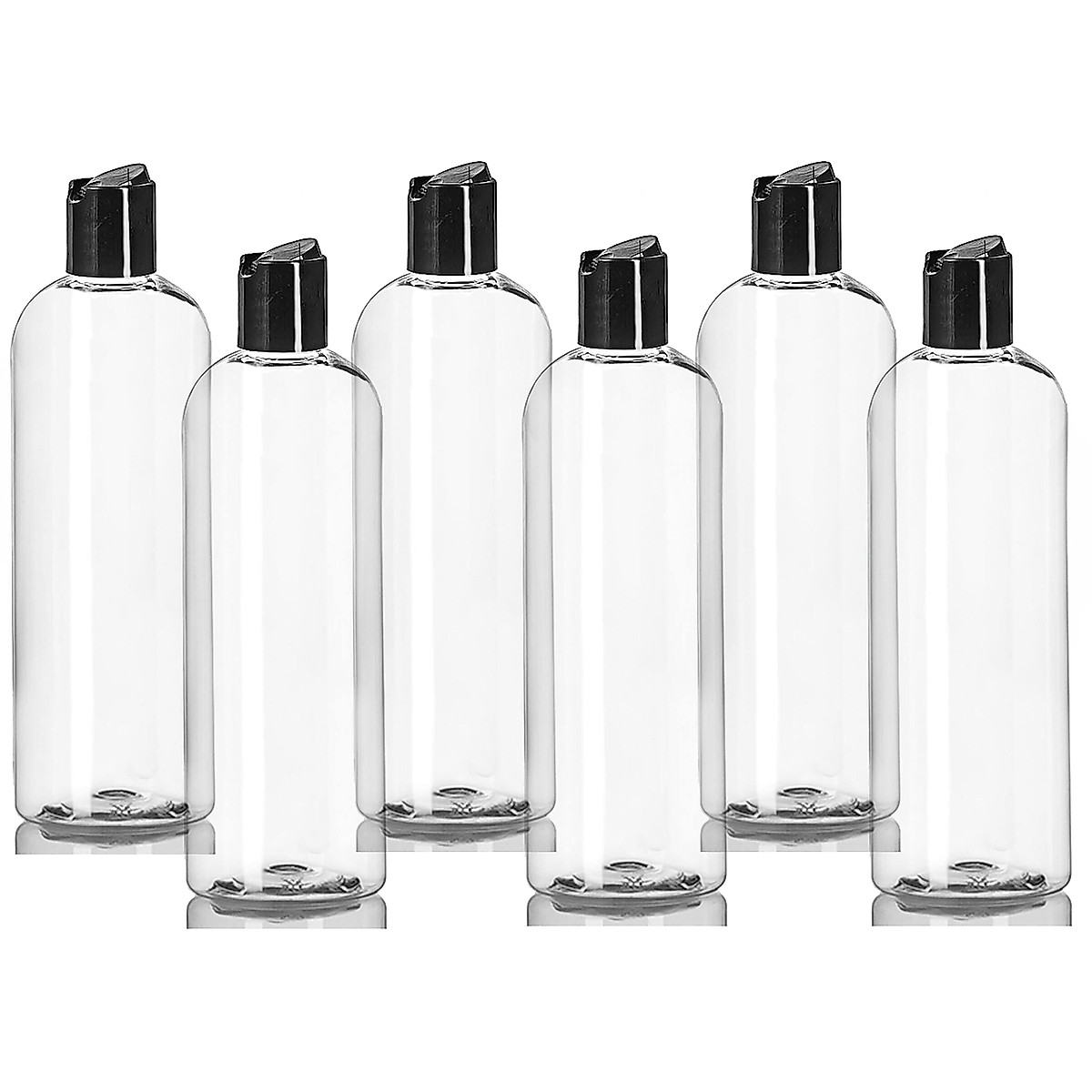 ljdeals 16 oz Clear Plastic Empty Bottles with Black Disc Top Caps, Squeezable Refillable Containers for Shampoo, Lotions, Cream and more Pack of 6, BPA Free, Made in USA
