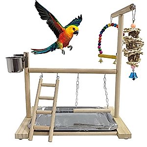 Hamiledyi Bird Playground Parrots Play Stand Natural Wooden Parrot Perch Gym Playpen Pet Parakeet Ladders with Feeder Cups for Cockatoo Conure Cockatiel Cage Accessories Exercise Toy (Include a Tray)