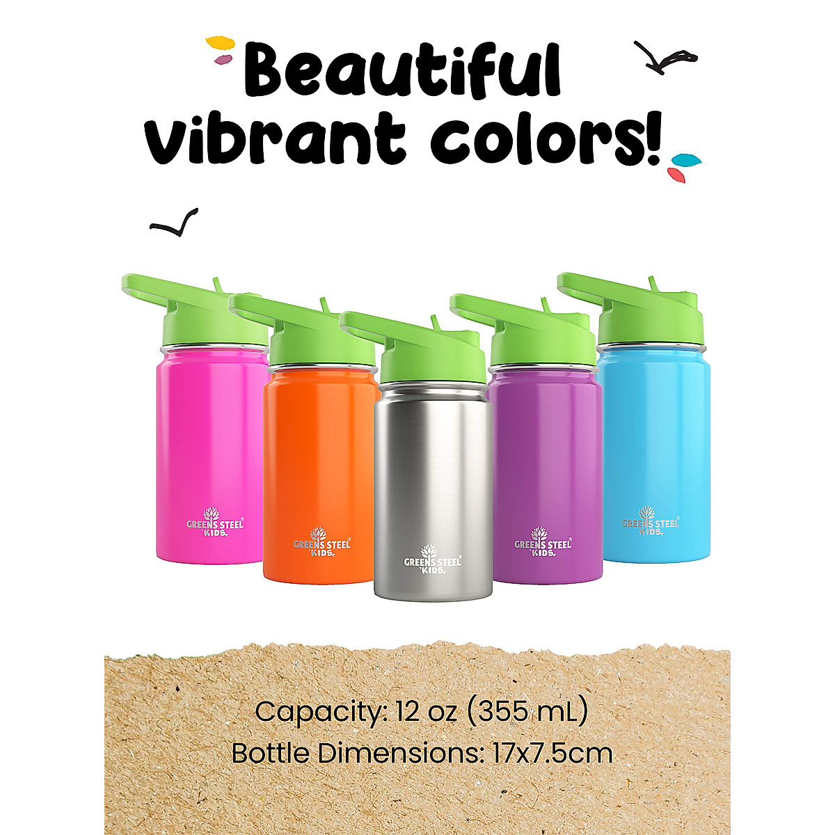 Kids Water Bottle - 12oz Stainless | Leak Proof With Straw & Handle | 24 Hours Cold | Insulated, Double Wall Stainless Steel | Easy Sip Toddler Cup | Child's Flask | Eco Friendly