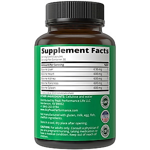 Peak Performance Grass Fed Beef Organ Complex from New Zealand (180 Capsules) Desiccated Organs Superfood Pills. GrassFed Beef Liver Capsules with Heart, Kidney, Pancreas, Spleen. Supplement