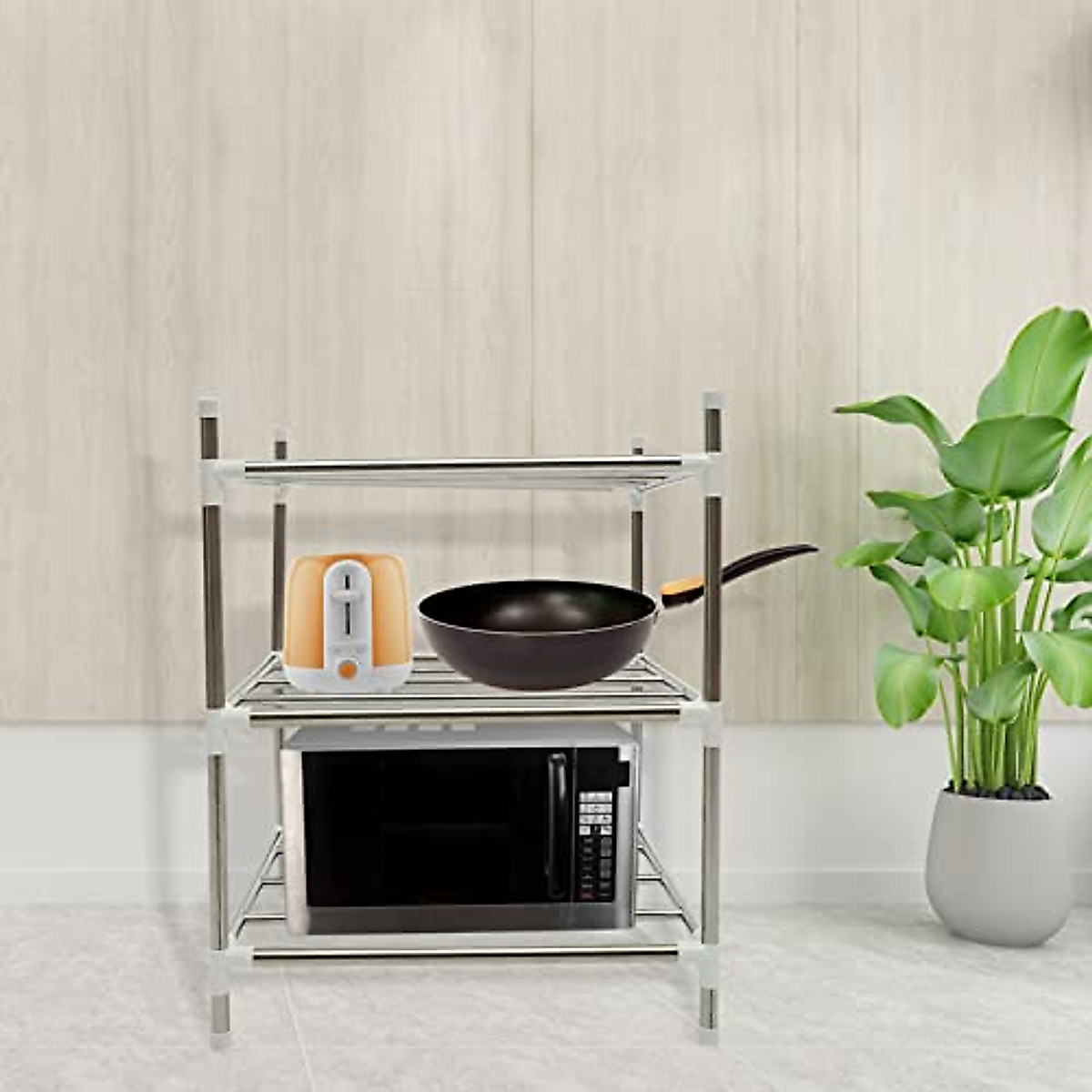 Luxshiny Stainless Steel Shelf Rack Stackable Cabinet Shelf Heavy Duty Pan Shelf Pot Rack Organizer 3 Tier Storage Shelves for Home Kitchen Cabinet Organizations Silver