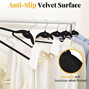 UEAKPIC Black Velvet Hangers 50 Pack, S-Shaped and Stackable Non Slip Felt Hanger with 360°Swivel Hook, Ultra Thin and Space Saving Flocked Hangers for Suits, Shirts, Coats, 15Lbs Capacity Heavy Duty