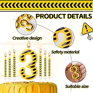 13 Pcs Construction Themed Birthday Candles Set 12 Yellow and Black Number 3 Candle Cake Topper for Construction Party Decoration Supplies (Number 3)
