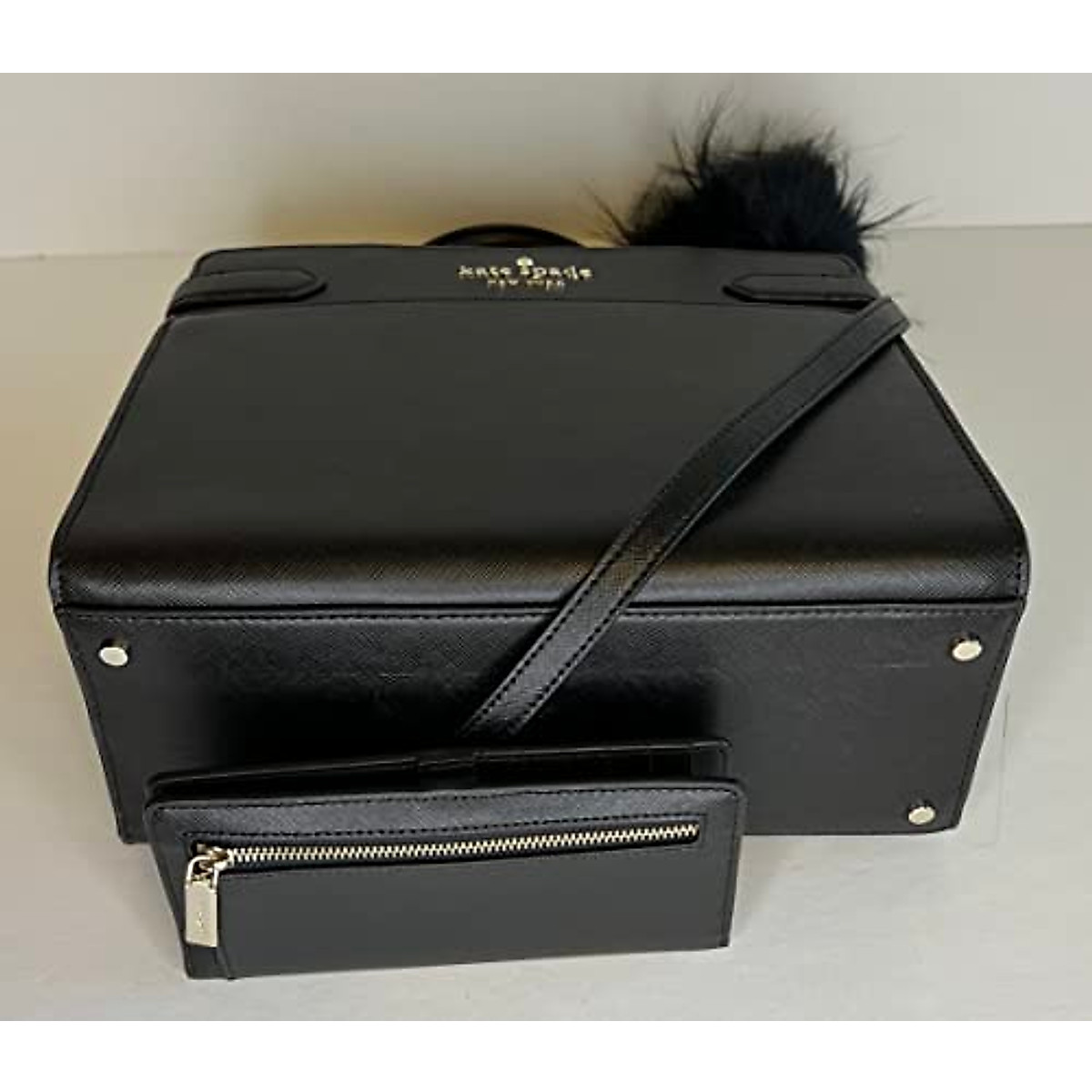 Kate Spade New York Staci MD Satchel bundled with matching Slim Bifold Wallet and Fur Pom (Black)