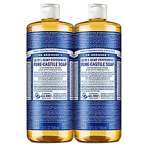 Dr. Bronner's - Pure-Castile Liquid Soap (Peppermint, 32 ounce, 2-Pack) - Made with Organic Oils, 18-in-1 Uses: Face, Body, Hair, Laundry, Pets and Dishes, Concentrated, Vegan, Non-GMO