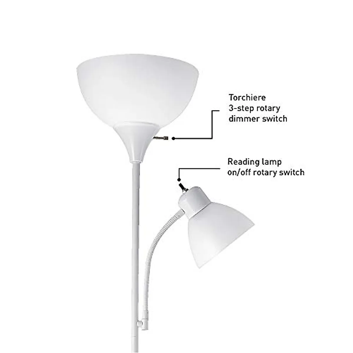 Globe Electric 67136 72" Torchiere Floor Lamp + Adjustable Reading Light, Matte White, Frosted Plastic Shade, 3-Step Rotary Switch on Floor Lamp Socket, Home Improvement, Home Office Accessories