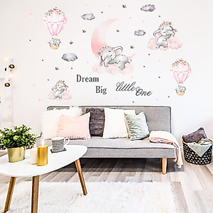 Large Pink Baby Elephant Wall Decal, MYKASEN Cute Five Elephant Dream Big Little One Wall Stickers Pink Moon Grey Stars Cloud, Removable Nursery Wall Decor for Baby Kids Boy Girl Bedroom Cradle