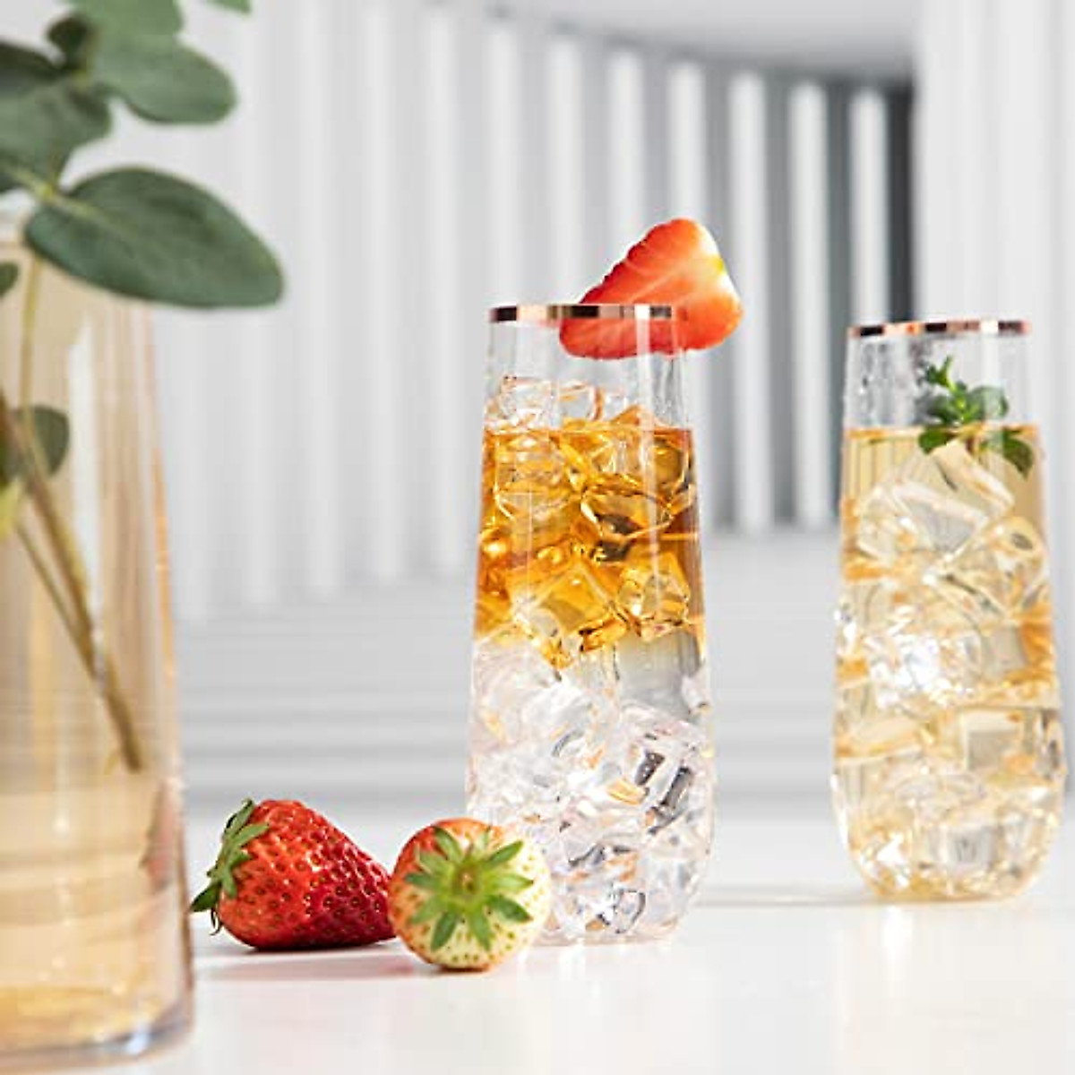 SUT 24PCS Rose Gold Champagne Flutes Plastic, 9oz Stemless Plastic Champagne Glasses, Rose Gold Rim Clear Plastic Toasting Glasses, Unbreakable, Shatterproof Mimosa Glasses, For Party, Easter & Shower