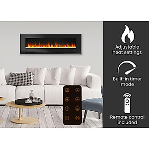 Hanover Fireside 60'' Wall Mounted Electric Fireplace with Crystal Rock Display and LED Multi-Color Realistic Flame, Modern Wall Fireplace Heater for Home and Office with Remote Control in Black